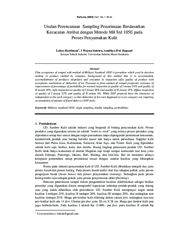 (PDF) Usulan Perencanaan Sampling Penerimaan Berdasarkan Kecacatan Atribut dengan Metode Mil Std ...