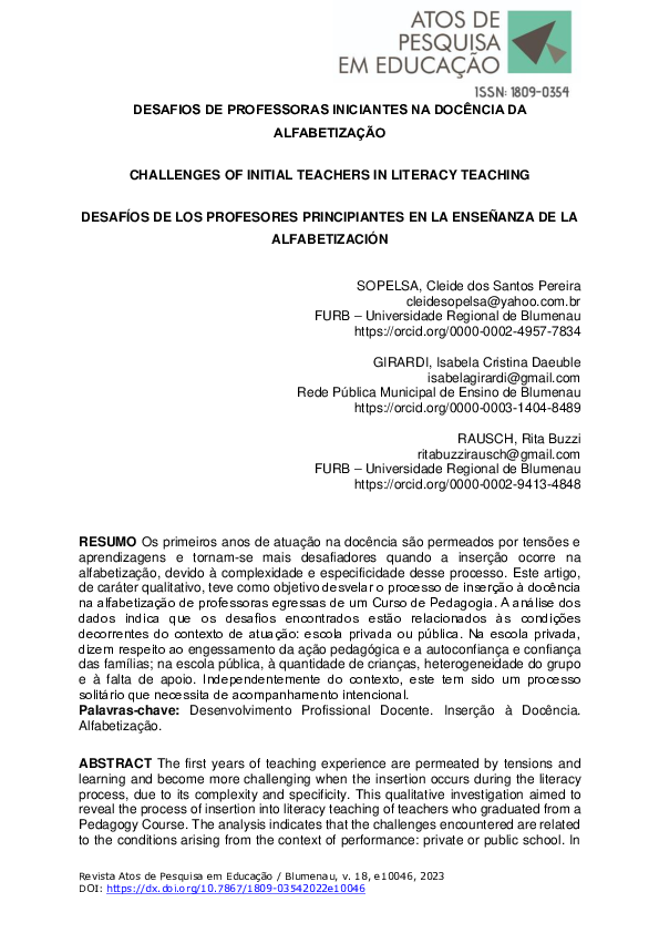 (PDF) Desafios De Professoras Iniciantes Na Docência Da Alfabetização ...