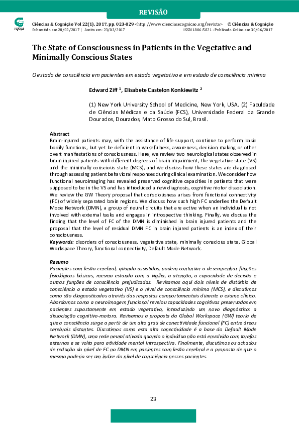(PDF) The State of Consciousness in Patients in the Vegetative and ...
