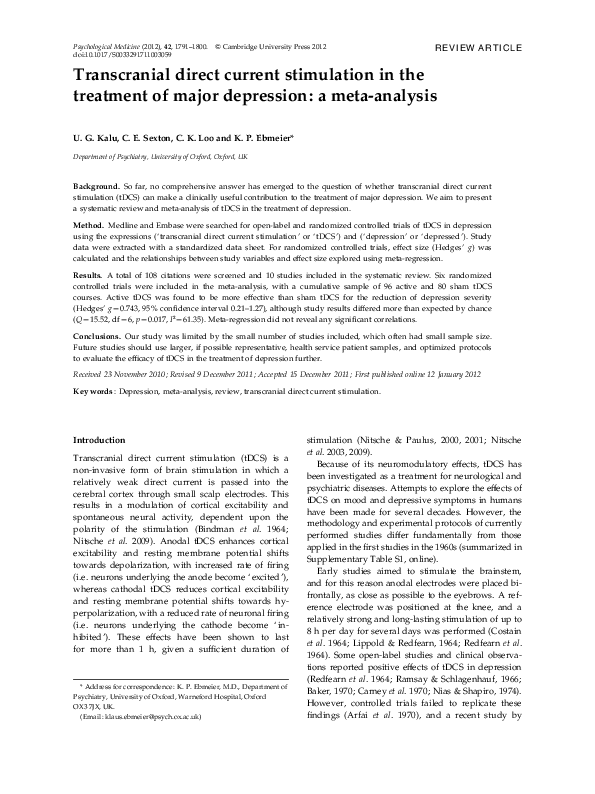 (PDF) Transcranial direct current stimulation in treatment resistant ... (PDF) Transcranial direct current stimulation in treatment resistant ...