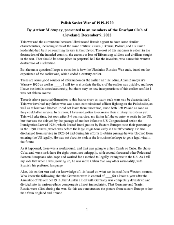 (DOC) Rowfant Talk Polish Soviet War of 1919 | Arthur Stupay - Academia.edu