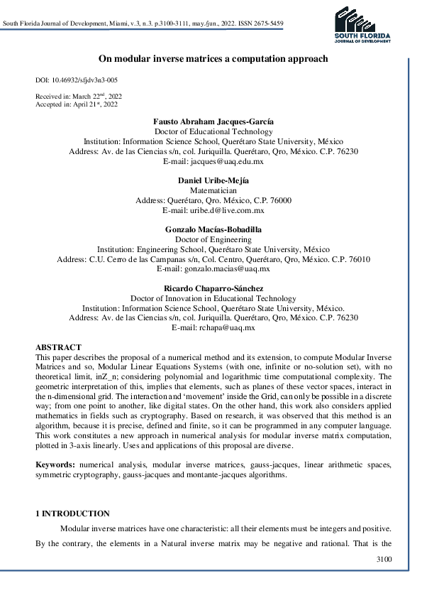 (PDF) Computational Method for Modular Inverse Matrices