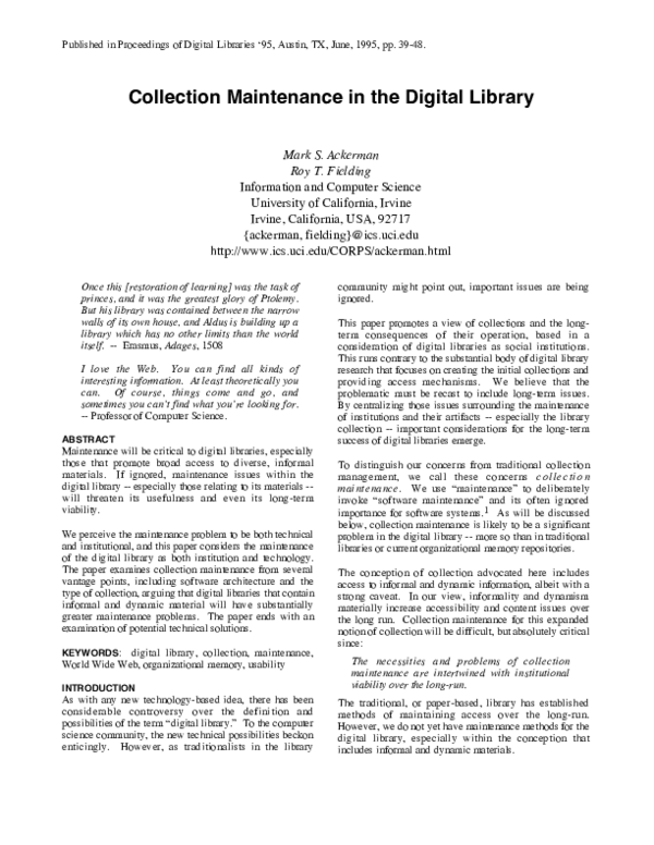 (PDF) Collection maintenance in the digital library