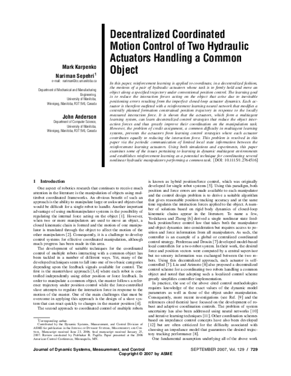 (PDF) Decentralized Coordinated Motion Control of Two Hydraulic Actuators Handling a Common Object