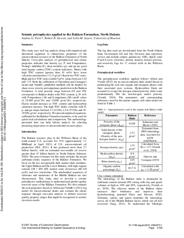 (PDF) Seismic petrophysics applied to the Bakken Formation, North Dakota