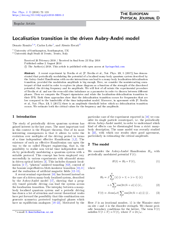 (PDF) Localisation transition in the driven Aubry-André model