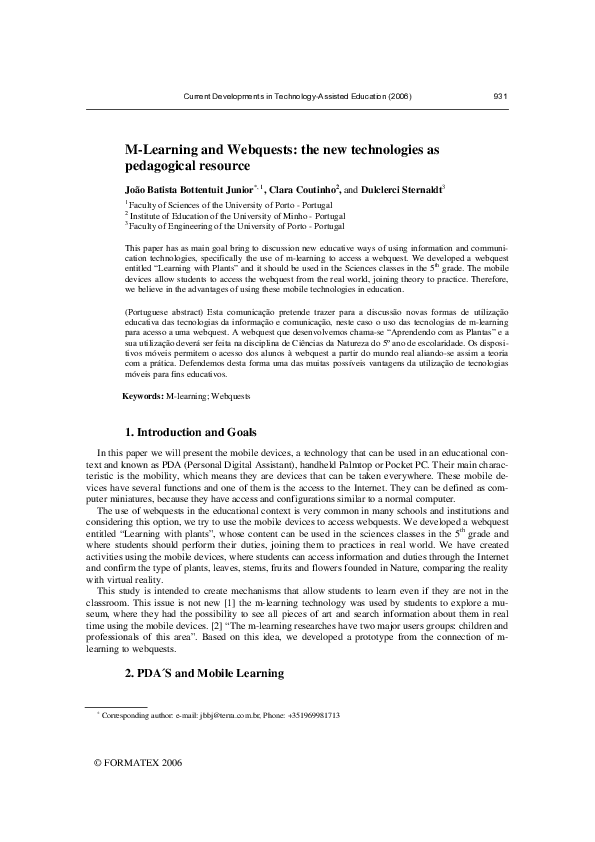 (PDF) M-learning and webquests : the new technologies as pedagogical resource