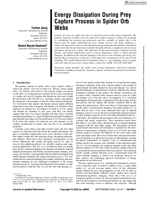(PDF) Energy Dissipation During Prey Capture Process in Spider Orb Webs