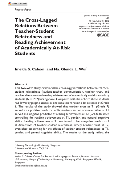 (PDF) The Cross-Lagged Relations Between Teacher-Student Relatedness ...