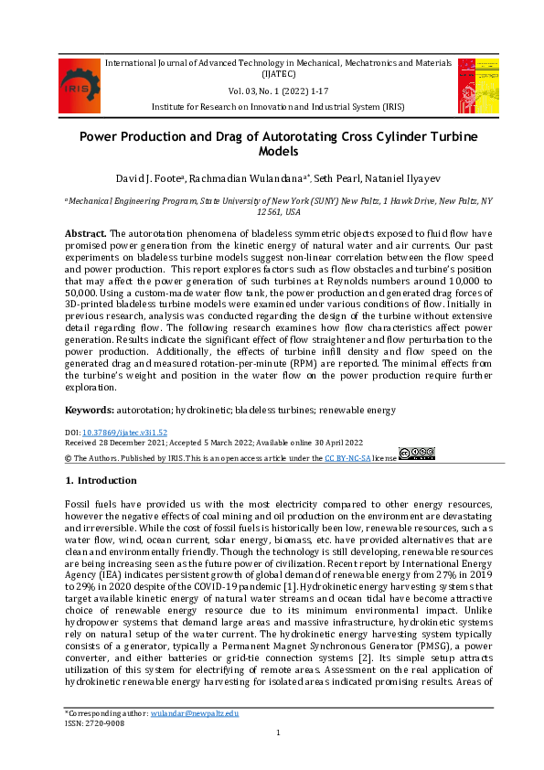 (PDF) Power Production and Drag of Autorotating Cross Cylinder Turbine Models