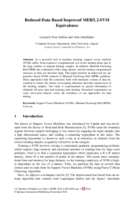 (PDF) Reduced Data Based Improved MEB/L2-SVM Equivalence
