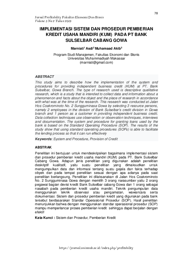 (PDF) Implementasi Sistem Dan Prosedur Pemberian Kredit Usaha Mandiri (Kum) Pada PT Bank ...