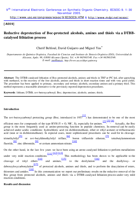 Pdf Reductive Deprotection Of Boc Protected Alcohols Amines And Thiols Via A Dtbb Catalysed