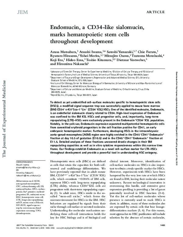 (PDF) Endomucin, a CD34-like sialomucin, marks hematopoietic stem cells ...