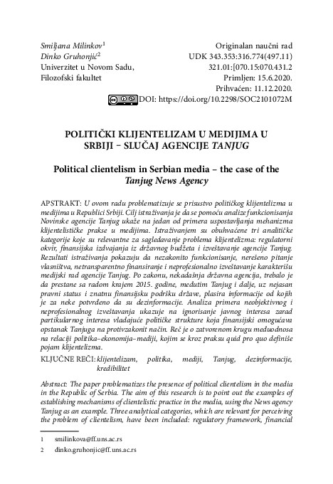 (PDF) Political clientelism in Serbian media - the case of the Tanjug ...