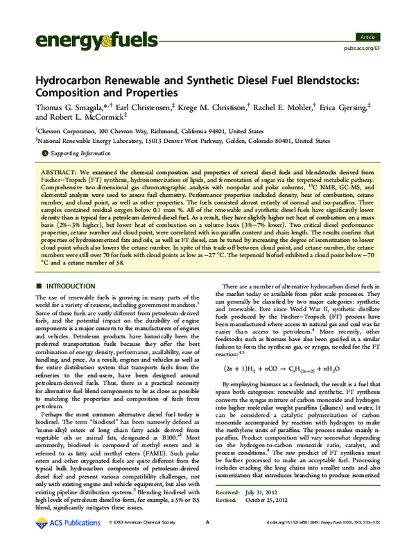 (PDF) Hydrocarbon Renewable and Synthetic Diesel Fuel Blendstocks ...