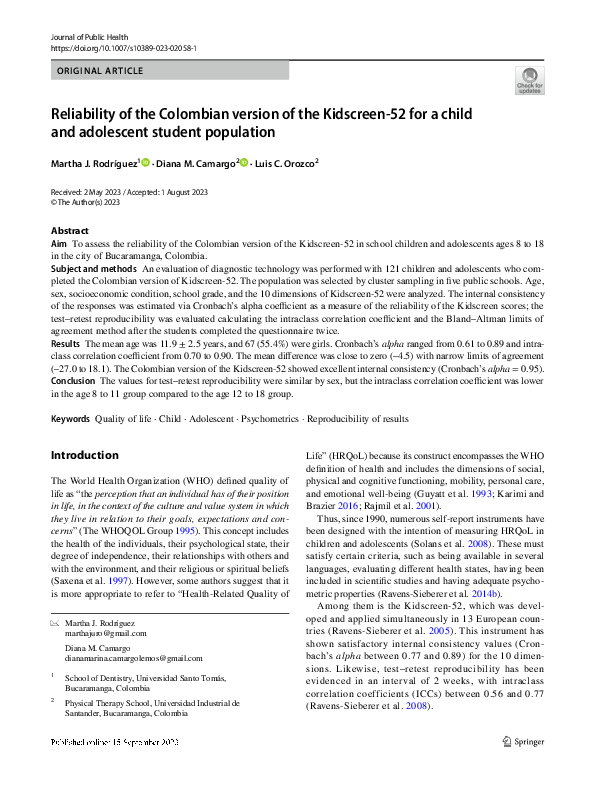 (PDF) Reliability of the Colombian version of the Kidscreen-52 for a ...