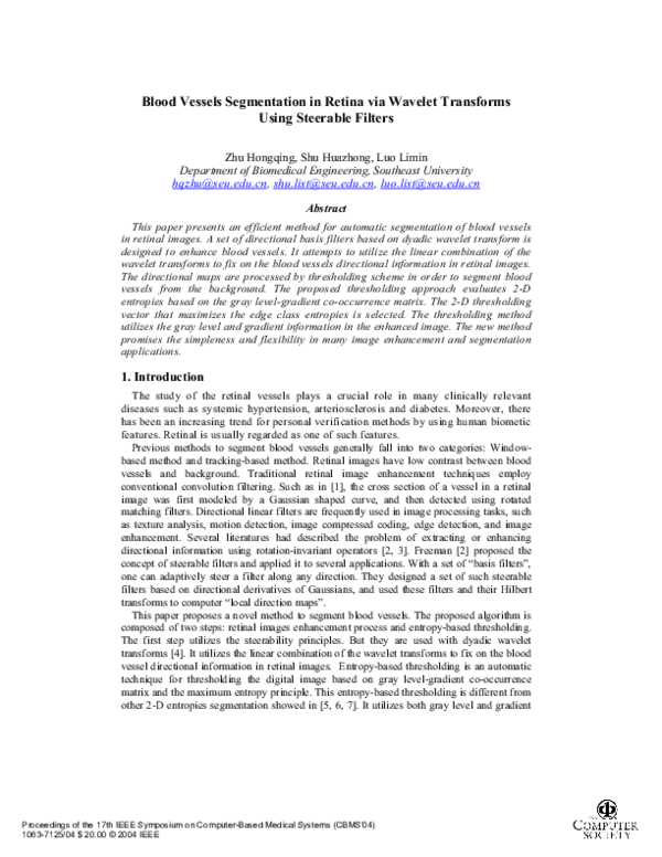 (PDF) Blood vessels segmentation in retina via wavelet transforms using steerable filters
