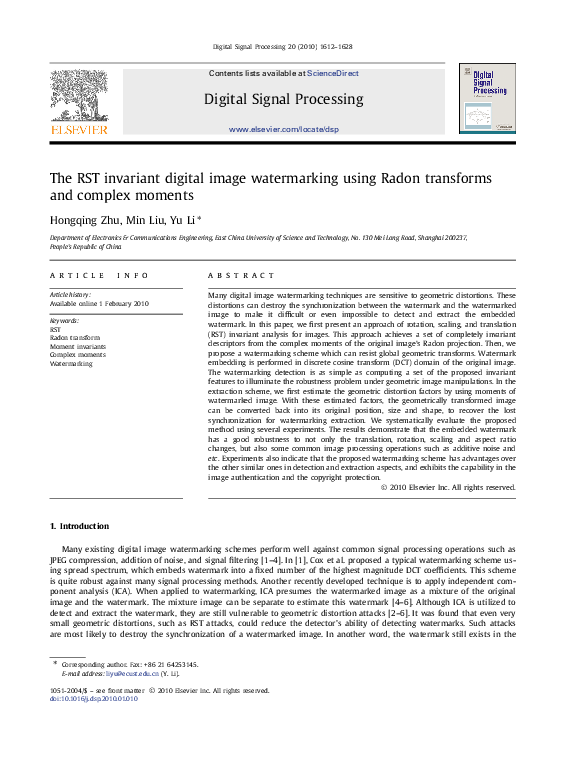 (PDF) The RST invariant digital image watermarking using Radon transforms and complex moments