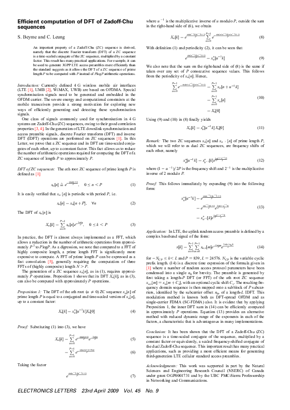 (PDF) Efficient computation of DFT of Zadoff-Chu sequences (PDF) Efficient computation of DFT of Zadoff-Chu sequences