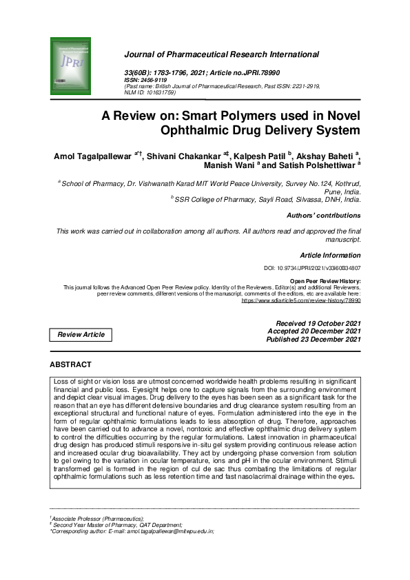 (PDF) A Review on: Smart Polymers used in Novel Ophthalmic Drug Delivery System
