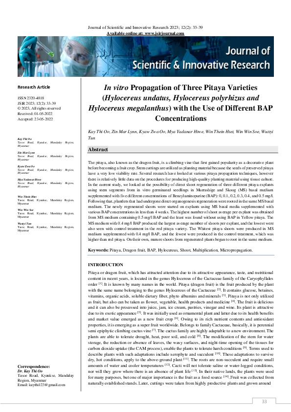 (PDF) In vitro Propagation of Three Pitaya Varieties (Hylocereus ...