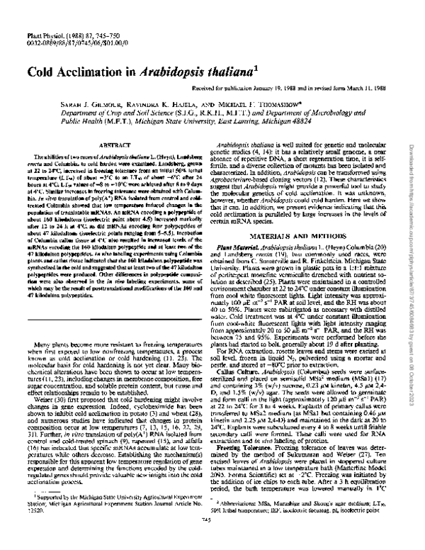 (PDF) Cold Acclimation in Arabidopsis thaliana