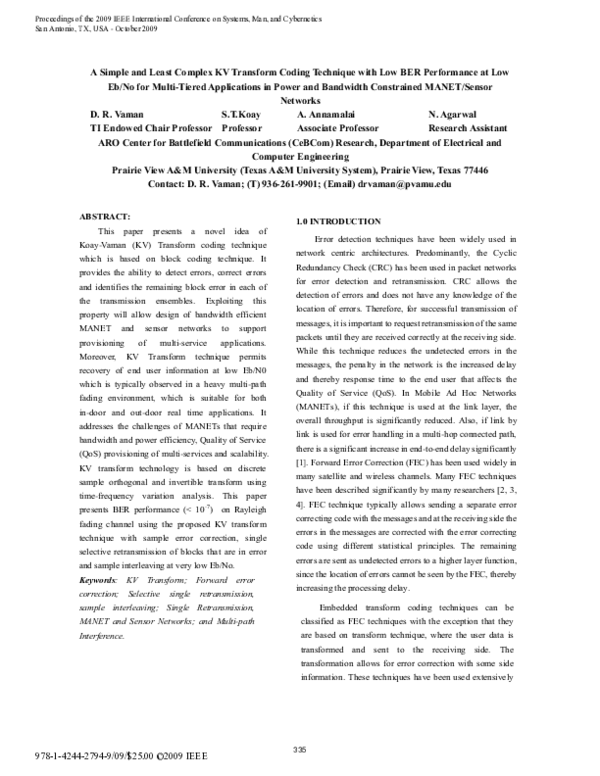 Pdf A Simple And Least Complex Kv Transform Coding Technique With Low Ber Performance At Low
