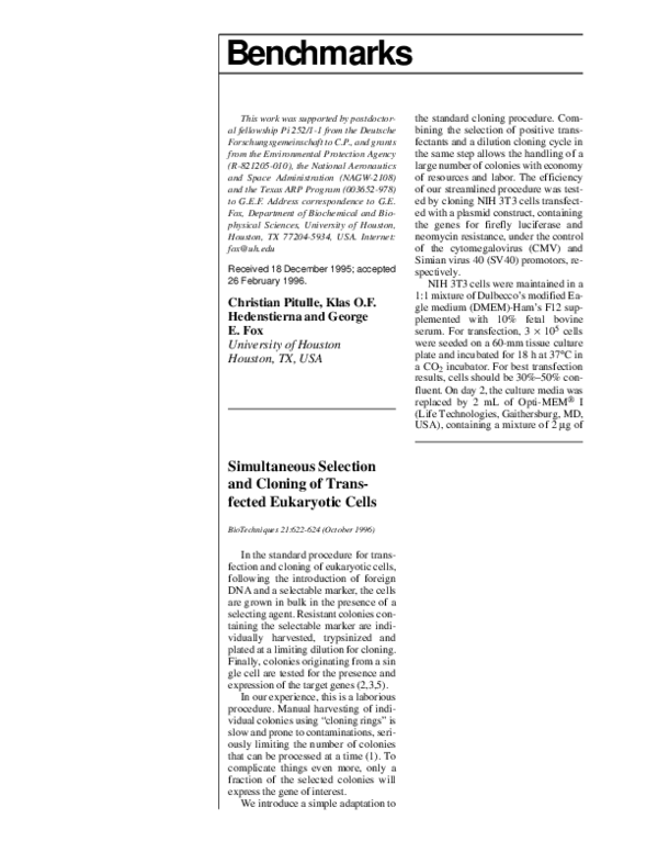 (PDF) Simultaneous Selection and Cloning of Transfected Eukaryotic ...