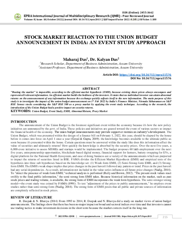 (PDF) Stock Market Reaction to the Union Budget Announcement in India ...