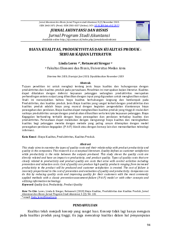 (PDF) Biaya Kualitas, Produktivitas Dan Kualitas Produk : Sebuah Kajian ...