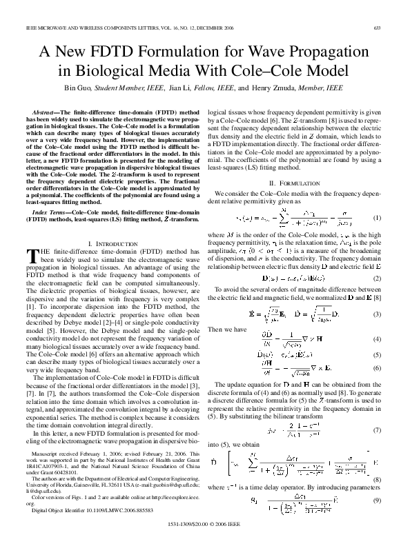 Pdf A New Fdtd Formulation For Wave Propagation In Biological Media With Cole Cole Model