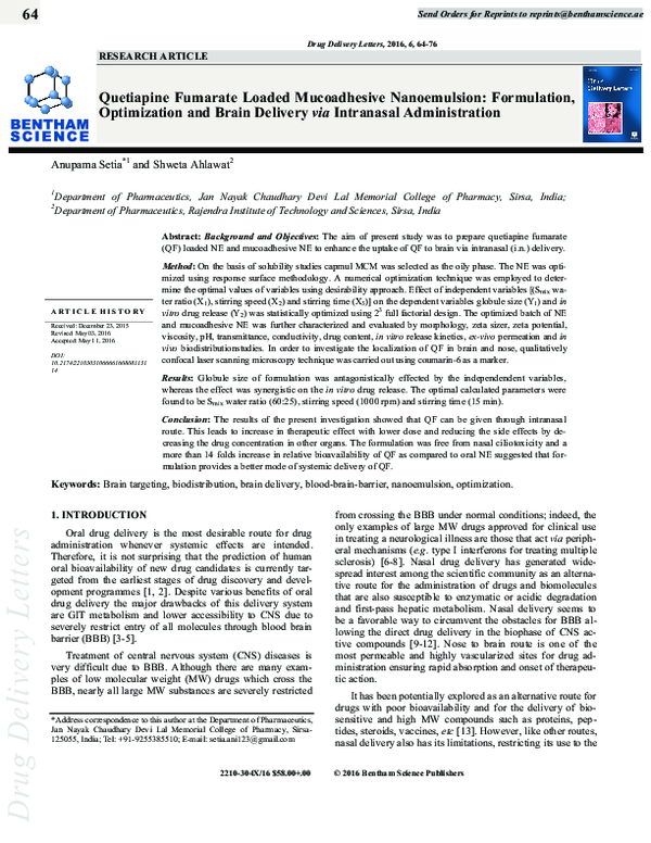 (PDF) Quetiapine Fumarate Loaded Mucoadhesive Nanoemulsion: Formulation, Optimization & Brain ...