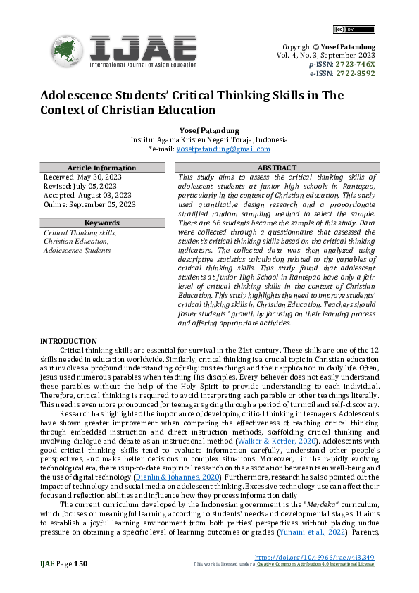 (PDF) Adolescence Students’ Critical Thinking Skills in The Context of ...
