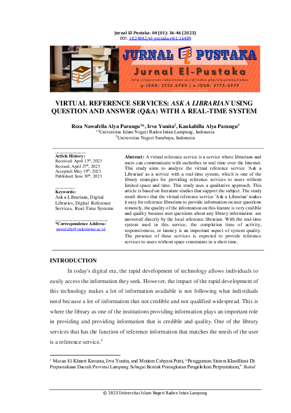 (PDF) VIRTUAL REFERENCE SERVICES: ‘ASK LIBRARIAN’ QUESTION AND ANSWER ...