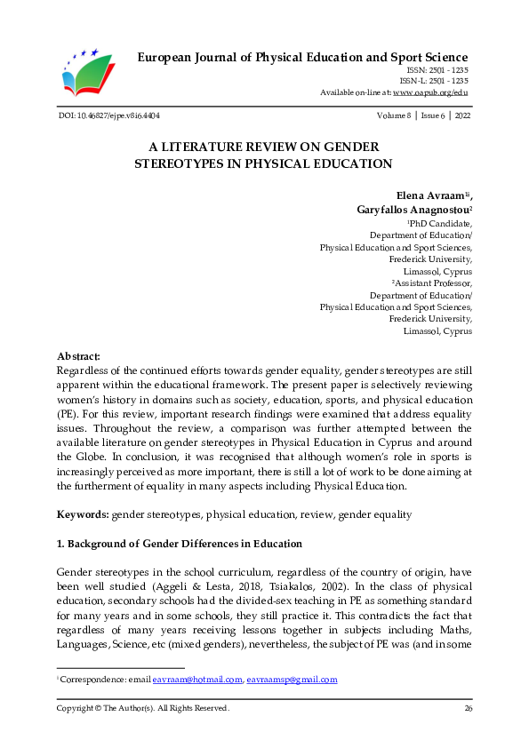 (PDF) A Literature Review on Gender Stereotypes in Physical Education