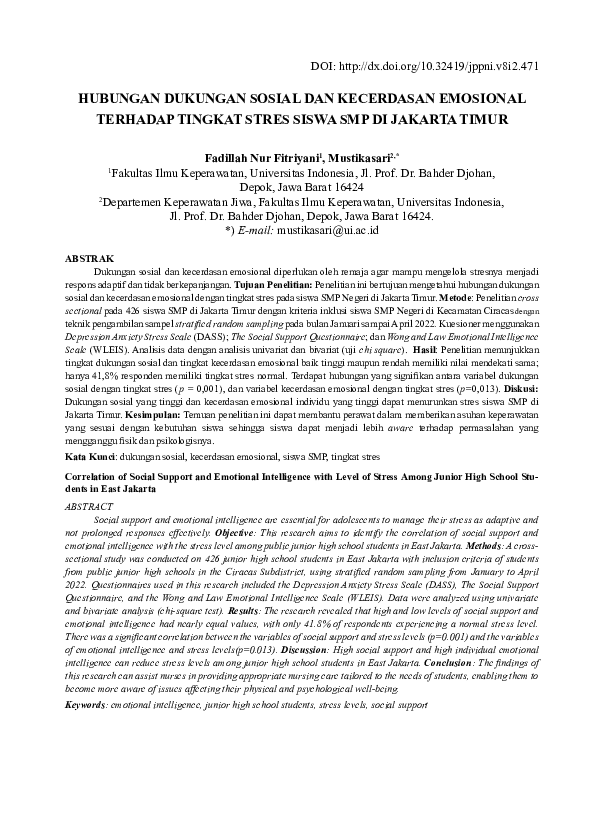 (PDF) Hubungan Dukungan Sosial Dan Kecerdasan Emosional Terhadap Tingkat Stres Siswa SMP DI ...