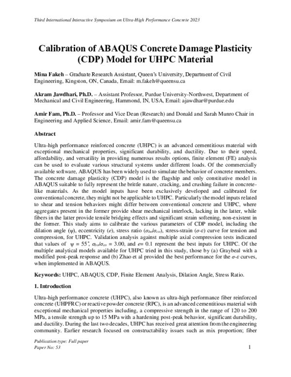 (PDF) Calibration of ABAQUS Concrete Damage Plasticity (CDP) Model for UHPC Material