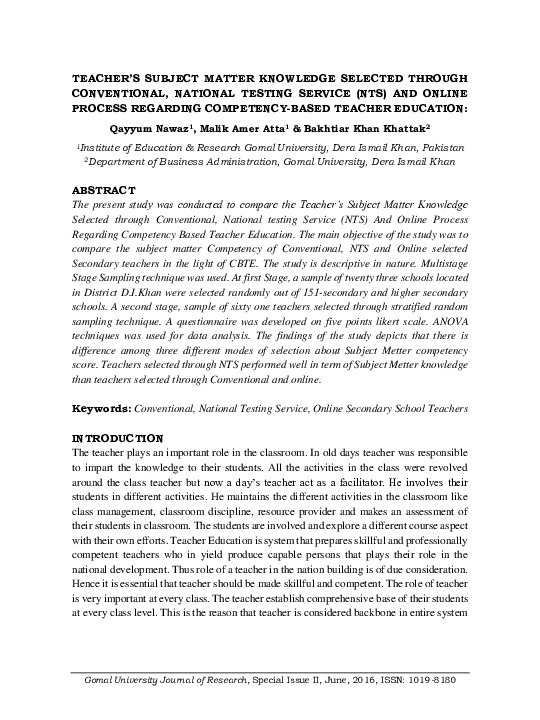 (PDF) Teacher’s Subject Matter Knowledge Selected Through Conventional ...