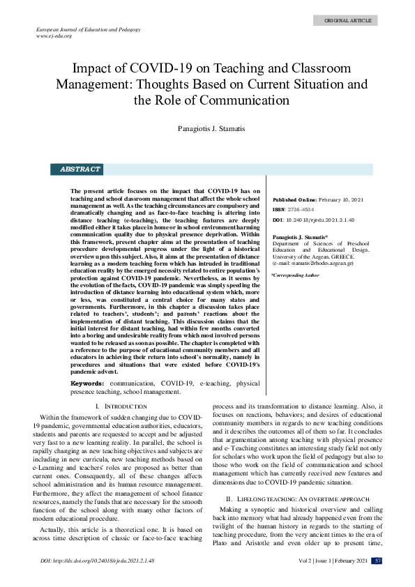 (PDF) Impact of COVID-19 on Teaching and Classroom Management: Thoughts ...