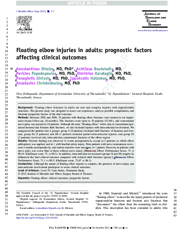 (PDF) Floating elbow injuries in adults: prognostic factors affecting ...
