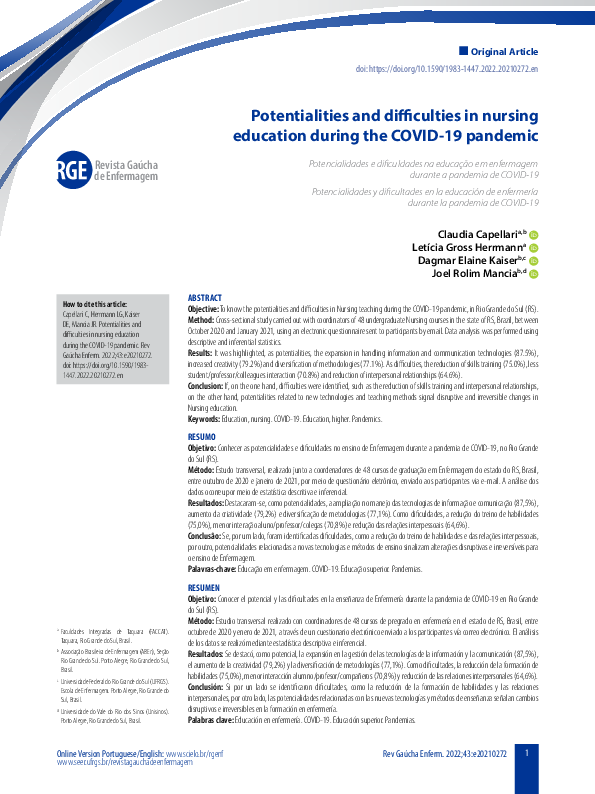 (PDF) Potentialities and difficulties in nursing education during the ...