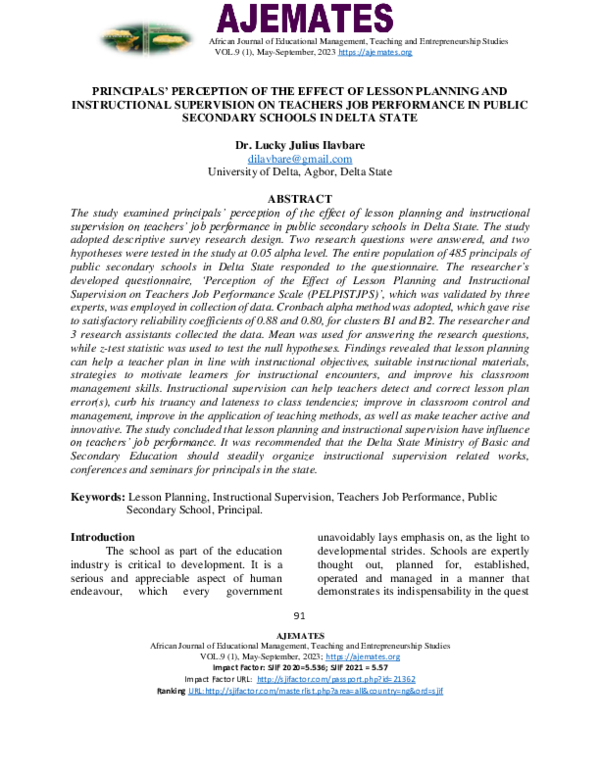 (PDF) PRINCIPALS' PERCEPTION OF THE EFFECT OF LESSON PLANNING AND INSTRUCTIONAL SUPERVISION ON ...