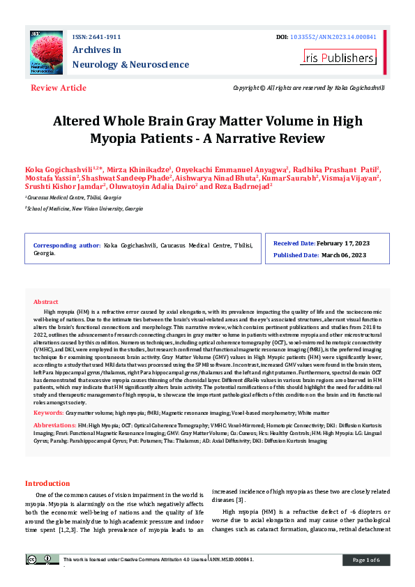 Altered Whole Brain Gray Matter Volume in High Myopia Patients - A Narrative Review
