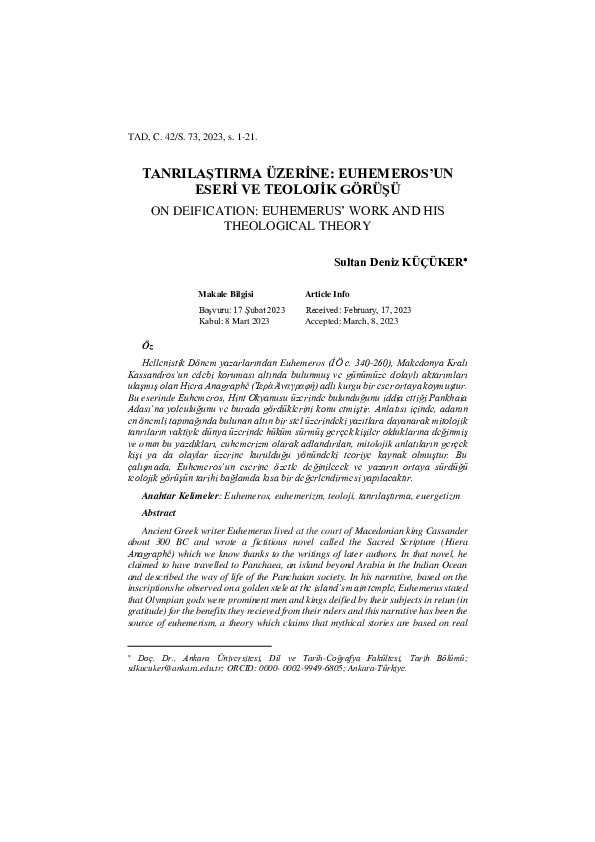 (PDF) Tanrılaştırma Üzerine: Euhemeros'un Eseri ve Teolojik Görüşü