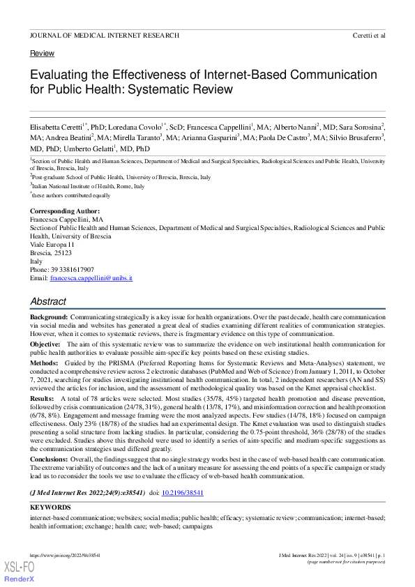 Pdf Evaluating The Effectiveness Of Internet Based Communication For Public Health Systematic