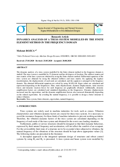 (PDF) Dynamics Analysis of a Truss System Modelled by the Finite Element Method in the Frequency ...