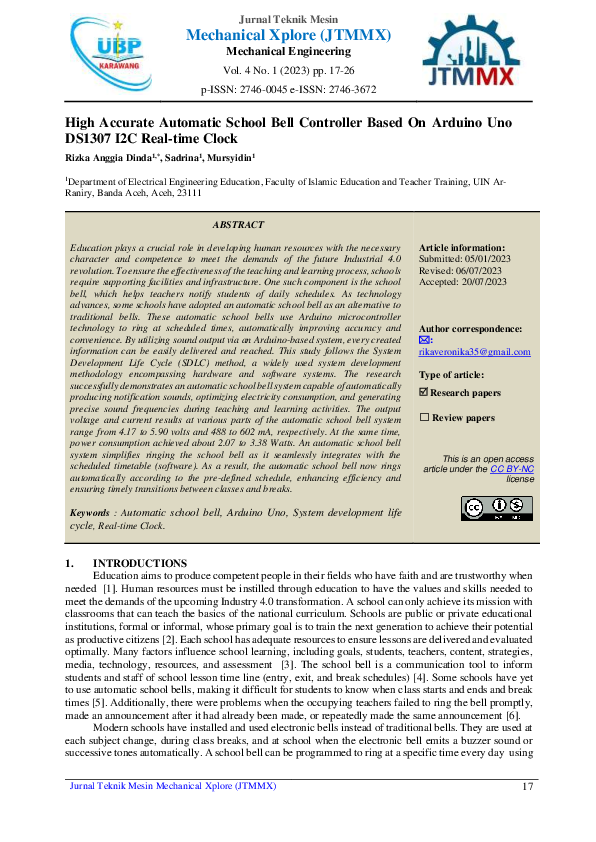 Pdf The High Accurate Automatic School Bell Controller Based On Arduino Uno Ds1307 I2c Real
