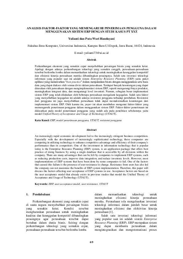 (PDF) Analisis Faktor-Faktor Yang Memengaruhi Penerimaan Pengguna Dalam Menggunakan Sistem Erp ...