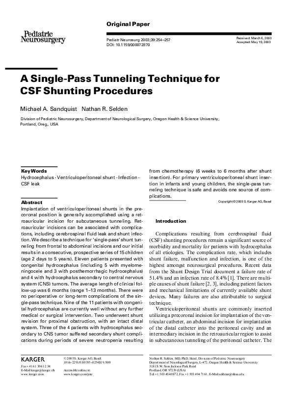 (PDF) A Single-Pass Tunneling Technique for CSF Shunting Procedures